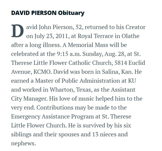 David Pierson (Deceased), Overland Park, KS Kansas